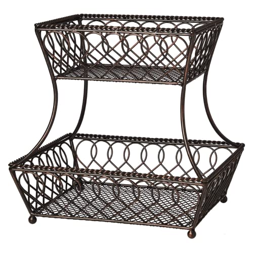 Gourmet Basics by Mikasa Loop and Lattice 2-Tier Metal Rectangular Fruit Storage Basket, 14-Inch, Antique Black