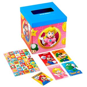 hallmark valentines day cards for kids and mailbox for classroom exchange, super mario bros (1 box, 32 valentine cards, 35 stickers, 1 teacher card)