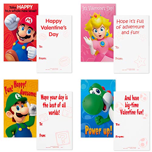 Hallmark Valentines Day Cards for Kids and Mailbox for Classroom Exchange, Super Mario Bros (1 Box, 32 Valentine Cards, 35 Stickers, 1 Teacher Card)