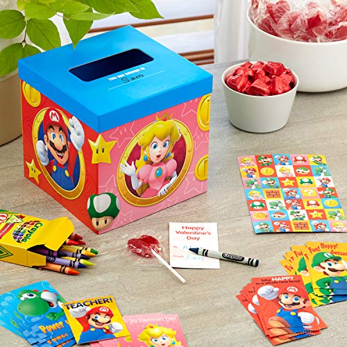 Hallmark Valentines Day Cards for Kids and Mailbox for Classroom Exchange, Super Mario Bros (1 Box, 32 Valentine Cards, 35 Stickers, 1 Teacher Card)