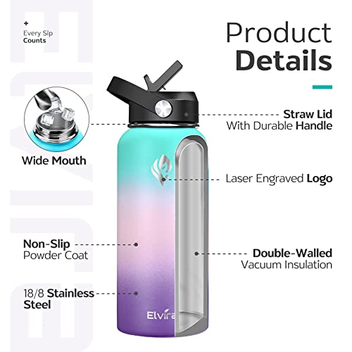 Elvira 32oz Vacuum Insulated Stainless Steel Water Bottle with Straw & Spout Lids, Double Wall Sweat-proof BPA Free to Keep Beverages Cold For 24Hrs or Hot For 12Hrs-Green/Pink/Purple Gradient