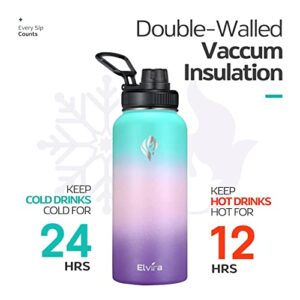 Elvira 32oz Vacuum Insulated Stainless Steel Water Bottle with Straw & Spout Lids, Double Wall Sweat-proof BPA Free to Keep Beverages Cold For 24Hrs or Hot For 12Hrs-Green/Pink/Purple Gradient