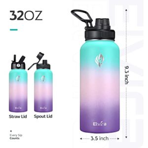 Elvira 32oz Vacuum Insulated Stainless Steel Water Bottle with Straw & Spout Lids, Double Wall Sweat-proof BPA Free to Keep Beverages Cold For 24Hrs or Hot For 12Hrs-Green/Pink/Purple Gradient