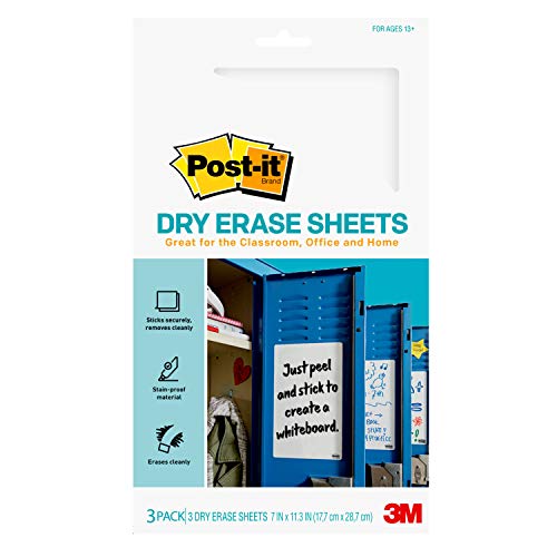 Post-it Dry Erase Sheets, 7 in x 11.3 in, Sticks Securely and Removes Cleanly (DEFSHEETS-3PK)