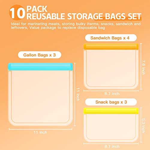 10 Pack Reusable Ziplock Bags Silicone, Leakproof Reusable Freezer Bags, BPA Free Reusable Food Storage Bags for Lunch Marinate Food Travel - 3 Gallon 3 Snack 4 Sandwich Bags