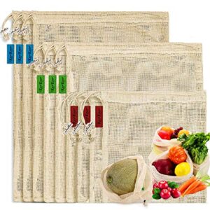 Reusable-Cotton-Mesh-Produce-shopping-Bags-Washable Eco Friendly Premium See Through Lightweight Net zero Bulk Bags for Veggie Fruit Vegetable Grocery Storage ( 9 Packs )