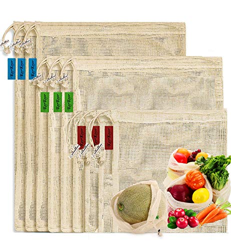 Reusable-Cotton-Mesh-Produce-shopping-Bags-Washable Eco Friendly Premium See Through Lightweight Net zero Bulk Bags for Veggie Fruit Vegetable Grocery Storage ( 9 Packs )