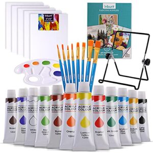 art paint set for kids, painting supplies kit with 5 canvas panels, 8 brushes, 12 acrylic paints, multi-function table easel, etc, premium acrylic paint set for students, kids and beginner.