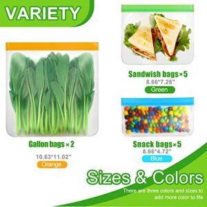 Reusable Food Storage Bags - 12 Count BPA Free Reusable Freezer Bags (2 Gallon & 5 Sandwich & 5 Snack Size Bags) Tangibay Leakproof Freezer Safe Bag for Meat Fruit Vegetable