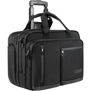 vankean 17.3 inch rolling laptop bag women men with rfid pockets, stylish carry on briefcase laptop case waterproof overnight rolling bags, laptop bags for travel/work/school/business, black