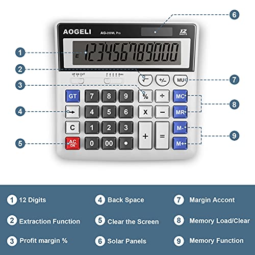 Calculators Desktop, Desk Calculator Two Way Power Battery and Solar Calculators Desktop,Big Buttons Easy to Press Used as Office Calculators for Desk,12 Digit Calculators Large Display Basic Office