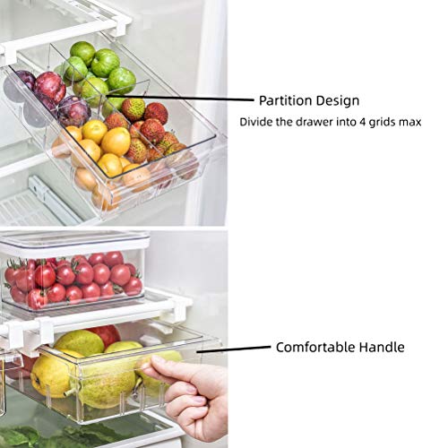 YekouMax Fridge Drawer Organizer, Refrigerator Organizer Bins, Pull Out with Handle, Fridge Shelf Holder Storage Box, Clear Container for Food,Drinks,Fit for Fridge Shelf Under 0.6" (1 Pack Medium)