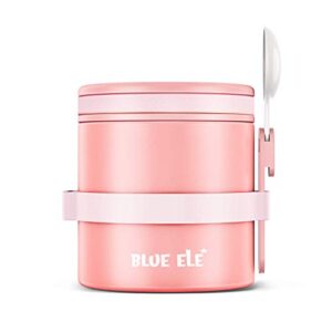 blue ele leakproof, vacuum insulated thermos hot lunch containers with ceramic-coated stainless steel, easy grip lid, and folding spoon, 13.5oz, carnation pink