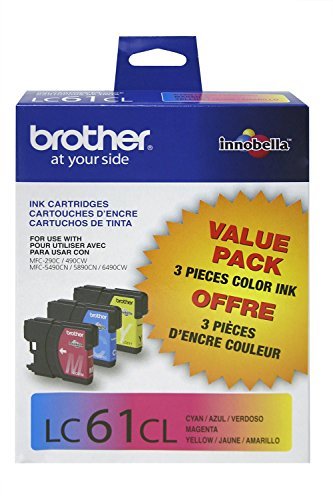 Brother LC61CL 3-Pack Ink Cartridge, 325 Page-Yield, Cyan Magenta Yellow