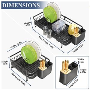 PXRACK Dish Drying Rack, Expandable(12.8"-21.5") Dish Rack with Utensil Holder Cup Holder, Stainless Steel Dish Rack and Drainboard Set for Kitchen Counter, Black