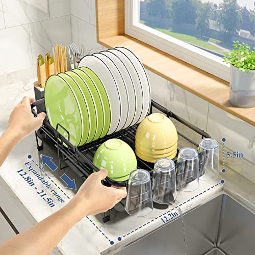 PXRACK Dish Drying Rack, Expandable(12.8"-21.5") Dish Rack with Utensil Holder Cup Holder, Stainless Steel Dish Rack and Drainboard Set for Kitchen Counter, Black