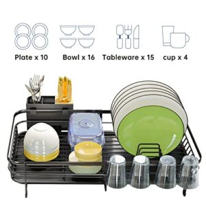 PXRACK Dish Drying Rack, Expandable(12.8"-21.5") Dish Rack with Utensil Holder Cup Holder, Stainless Steel Dish Rack and Drainboard Set for Kitchen Counter, Black