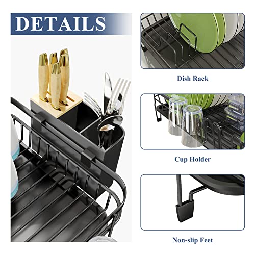 PXRACK Dish Drying Rack, Expandable(12.8"-21.5") Dish Rack with Utensil Holder Cup Holder, Stainless Steel Dish Rack and Drainboard Set for Kitchen Counter, Black