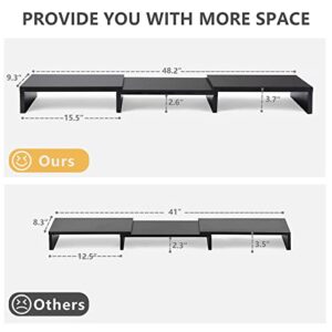 Dual Monitor Stand Riser Office Desktop Organizer Stands for 2 Monitors Length and Angle Adjustable 3 Shelf, Extra Long Multifunctional Stand fit Computer, Laptop, PC, TV, Max 48.2" Length, Black