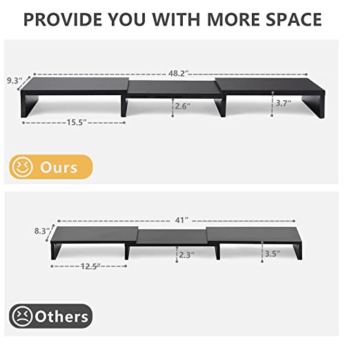 Dual Monitor Stand Riser Office Desktop Organizer Stands for 2 Monitors Length and Angle Adjustable 3 Shelf, Extra Long Multifunctional Stand fit Computer, Laptop, PC, TV, Max 48.2" Length, Black