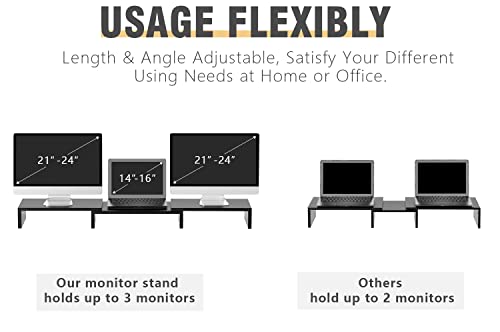 Dual Monitor Stand Riser Office Desktop Organizer Stands for 2 Monitors Length and Angle Adjustable 3 Shelf, Extra Long Multifunctional Stand fit Computer, Laptop, PC, TV, Max 48.2" Length, Black