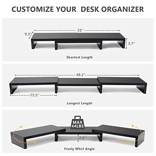 Dual Monitor Stand Riser Office Desktop Organizer Stands for 2 Monitors Length and Angle Adjustable 3 Shelf, Extra Long Multifunctional Stand fit Computer, Laptop, PC, TV, Max 48.2" Length, Black