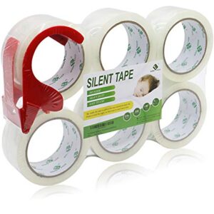 BOMEI PACK No Noise Quiet Clear Packing Tape, Heavy Duty Packaging Tape, Refill Rolls for Sealing Packing and Shipping, 2.4Mil 1.88Inch 55Yards 6rolls, with Free Dispenser