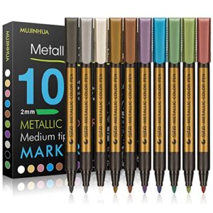 mujinhua metallic marker pens, set of 10 colors paint markers for black paper, rock painting, scrapbooking crafts, card making, ceramics, diy photo album, ceramic, glass and more(medium tip)