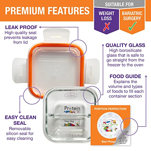 Portion Perfection Bariatric Food Containers / Meal Prep Containers/Lunchbox/Heat-proof Glass Portion Control Container 3pk, For Aiding Balanced Diet after Gastric Sleeve, Bypass| Bariatric Surgery Must Haves