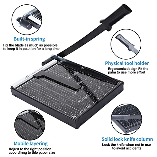 ISDIR Paper Cutter Guillotine, 12 Inch Paper Cutting Board, 12 Sheets Capacity, Heavy Duty Metal Base, Dual Paper Guide Bars, Professional Paper Cutter and Trimmer for Home, Office (12'' Black)