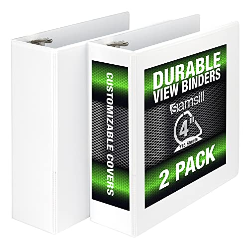 Samsill Durable 4 Inch Binder, Made in The USA, Locking D Ring Customizable Clear View Binder, White, 2 Pack, Each Holds 700 Pages