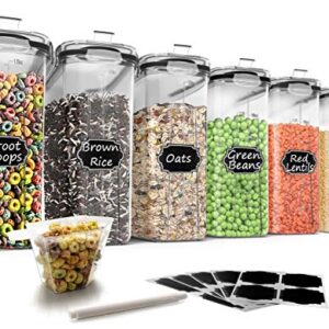 Wildone Cereal Storage Containers Set, Large BPA Free Plastic Airtight Food Storage Containers 4L /135.3oz for Cereal, Flour, Sugar, 6 Piece Set Cereal Dispensers with 20 Labels & Marker, Black