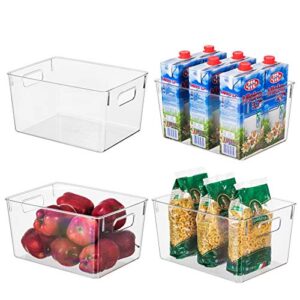 eamaott clear plastic storage organizer container bins with cutout handles, transparent set of 4, bpa free, cabinet storage bins for kitchen food pantry refrigerator bathroom, 11” x 8” x 6”