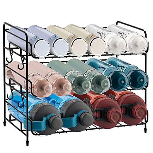 Mefirt Water Bottle Organizer, 3-Tier Water Bottle Holder for Cabinet, Stackable Water Bottle Storage Rack, Soda, Can, Water Bottle Organizer for Cabinet, Kitchen Countertops, Pantry, Fridge (Black)