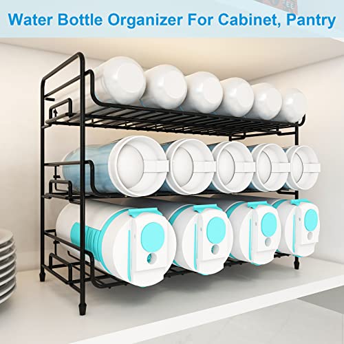 Mefirt Water Bottle Organizer, 3-Tier Water Bottle Holder for Cabinet, Stackable Water Bottle Storage Rack, Soda, Can, Water Bottle Organizer for Cabinet, Kitchen Countertops, Pantry, Fridge (Black)