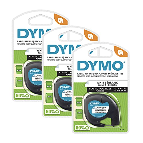 DYMO LT Plastic Labels for LetraTag Label Makers, Black Print on White Labels, 1/2-Inch x 13-Foot Rolls, 3 Count