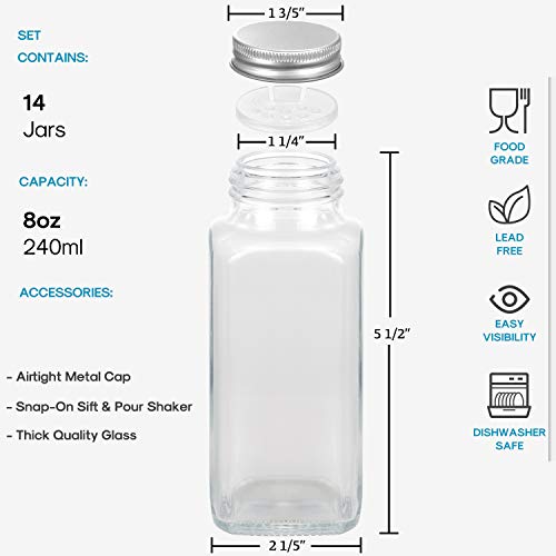 Aozita 14 Pcs Glass Spice Jars with Spice Labels - 8oz Empty Square Spice Bottles - Shaker Lids and Airtight Metal Caps - Chalk Marker and Silicone Collapsible Funnel Included