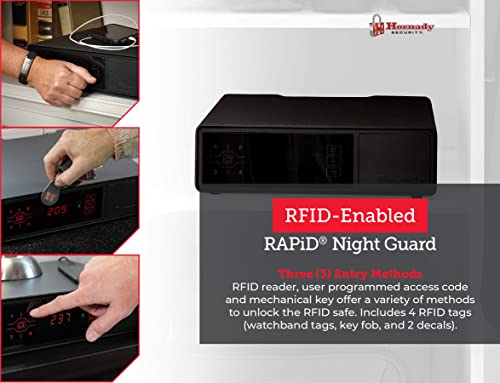 Hornady Rapid Safe Night Guard – Nightstand Gun Safe with RFID Reader, Clock, USB Ports – RFiD Safe for Fast, Multiple Method Entry – Includes Rapid Safe, 3 Methods of Entry and Security Cable