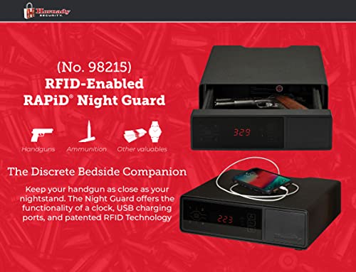 Hornady Rapid Safe Night Guard – Nightstand Gun Safe with RFID Reader, Clock, USB Ports – RFiD Safe for Fast, Multiple Method Entry – Includes Rapid Safe, 3 Methods of Entry and Security Cable