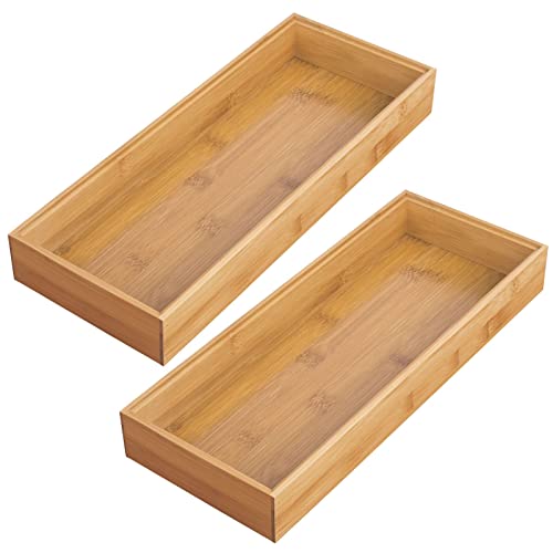 mDesign Wooden Bamboo Drawer Organizer - 15" Long Stackable Storage Box Tray for Kitchen Drawers/Cabinet - Utensil, Silverware, Spatula, and Flatware Holder - Echo Collection - 2 Pack, Natural Wood