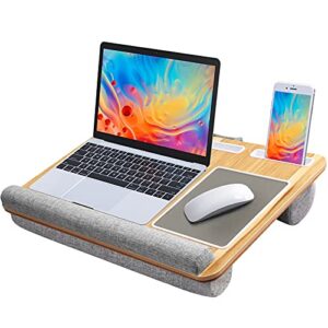 huanuo lap desk – fits up to 17 inches laptop desk, built in mouse pad & wrist pad for notebook, laptop, tablet, laptop stand with tablet, pen & phone holder (wood grain)