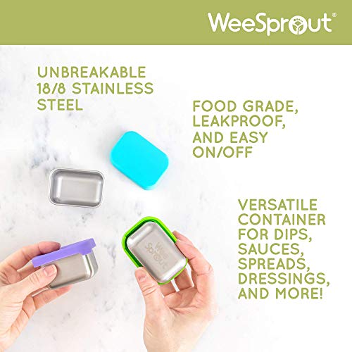 WeeSprout 18/8 Stainless Steel Condiment Containers - Set of 3 Small Dipping Sauce Cups (2.5 oz) with Lids, Pack in Kid/Adult Lunch Box, Leakproof Silicone Lids, Easy to Open, for Dips/Condiments