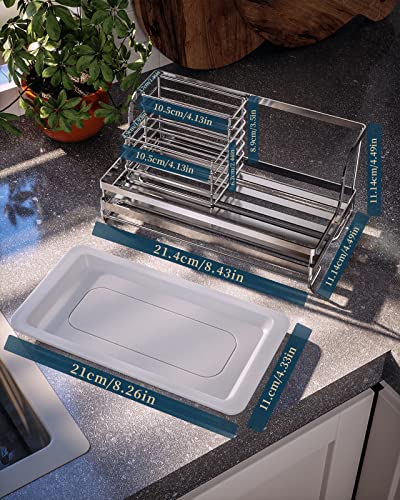 Consumest Sink Caddy, 5-in-1 Sponge Holder Kitchen Sink Caddy Organizer with Removable Drain Tray for Countertop, 304 Stainless Steel Soap Sponge and Dish Brush Holder - Silver (8.43×4.49×4.49 inches)