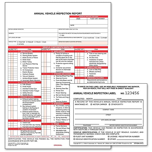 Annual Vehicle Inspection Report (Shrinkwrapped Snap-Out Format, 3-Ply Carbonless, 8.5" x 11.75") with Label (2-Ply Vinyl with Mylar Laminate, 5" x 4") - 10-pk.