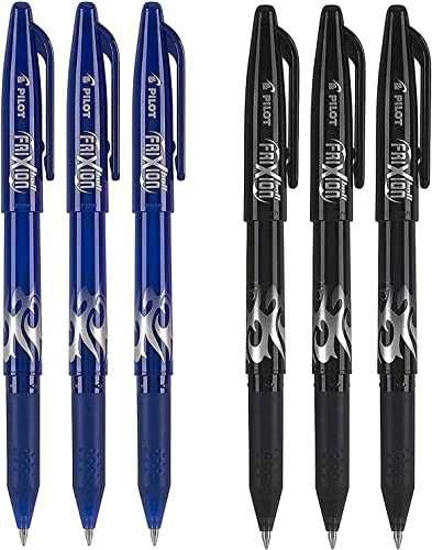 Pilot FriXion Ball 0.7mm Erasable Gel Pens, Fine Point, 3 Black Pens & 3 Blue Pens (6 PACK)