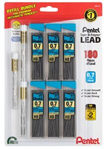 pentel eraser and lead refill pack for mechanical pencils – super hi-polymer lead refills value pack – 0.7mm 6 pack of 30 pieces – pack of white eraser refills 3 packs of 4 erasers each