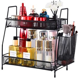 bathroom organizer with basket, 2-tier bathroom countertop storage shelf, bathroom counter organizer, skincare organizer and storage kitchen counter organizers spice rack(black)