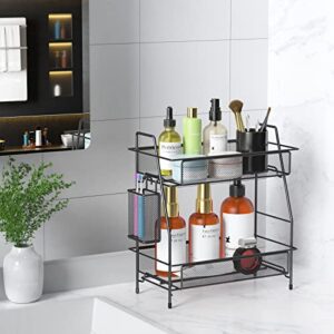 Bathroom Organizer with Basket, 2-Tier Bathroom Countertop Storage Shelf, Bathroom Counter Organizer, Skincare Organizer and Storage Kitchen Counter Organizers Spice Rack(Black)