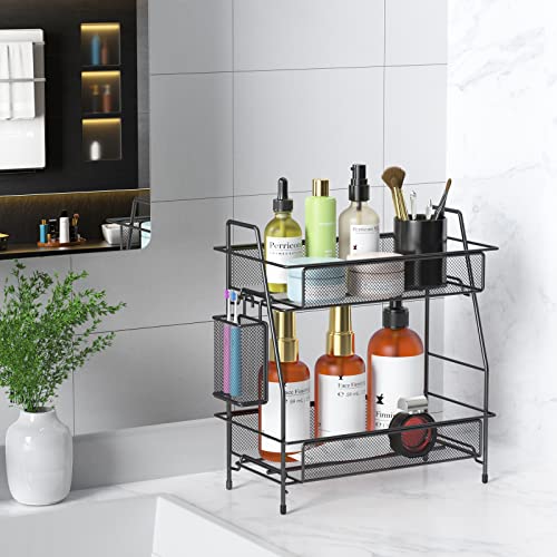 Bathroom Organizer with Basket, 2-Tier Bathroom Countertop Storage Shelf, Bathroom Counter Organizer, Skincare Organizer and Storage Kitchen Counter Organizers Spice Rack(Black)