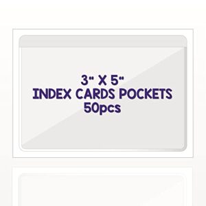 clear adhesive 3″ x 5″ index card pockets with top open for loading, 50 pack, plastic labels holders for storage bins and library card, ideal card holder for organizing and protecting your index cards